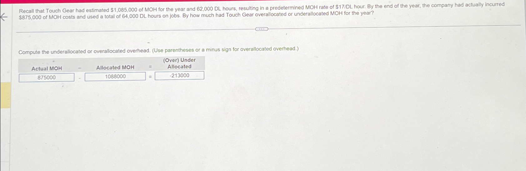Solved $875,000 ﻿of MOH costs and used a total of 64,000 ﻿DL | Chegg.com