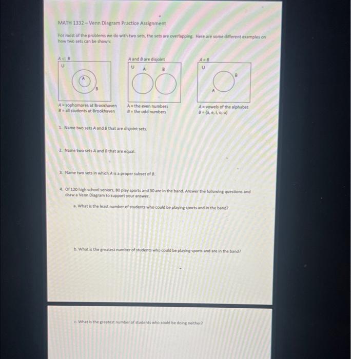 Solved MATH 1332-Venn Diagram Practice Assignment For most | Chegg.com
