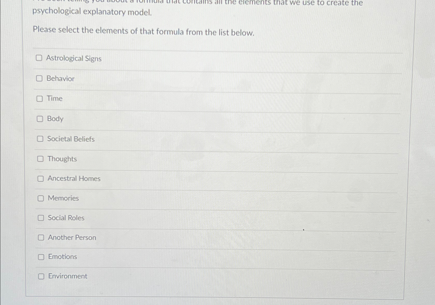 Solved psychological explanatory model.Please select the | Chegg.com