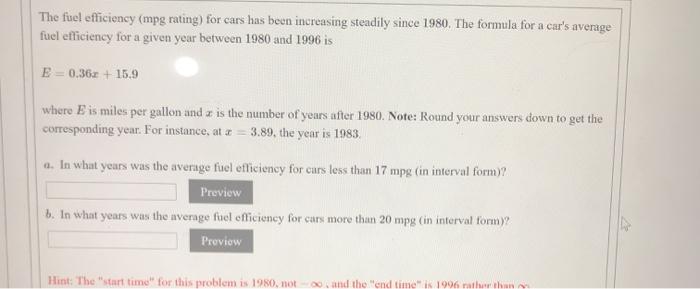 Solved The fuel efficiency (mpg rating) for cars has been | Chegg.com