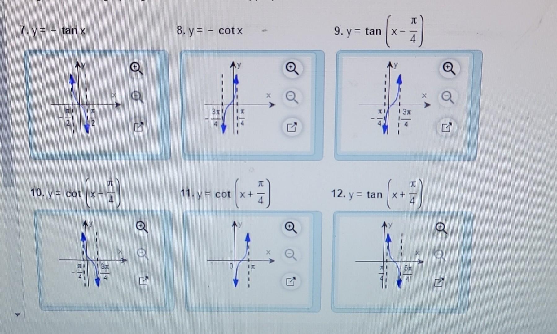 Solved 7. \\( y=-\\tan x \\) 8. \\( y=-\\cot x \\) 9. \\( | Chegg.com