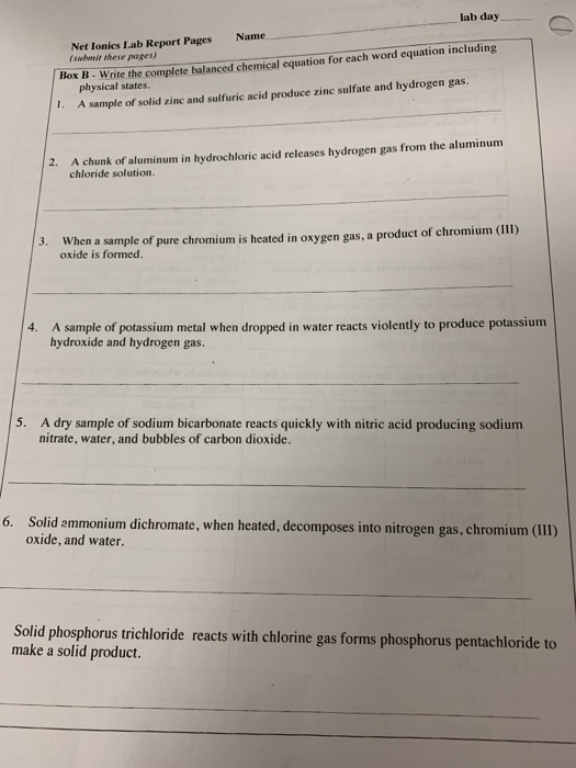 Solved D lab day Net Ionics Lab Report Pages Name (swi these | Chegg.com