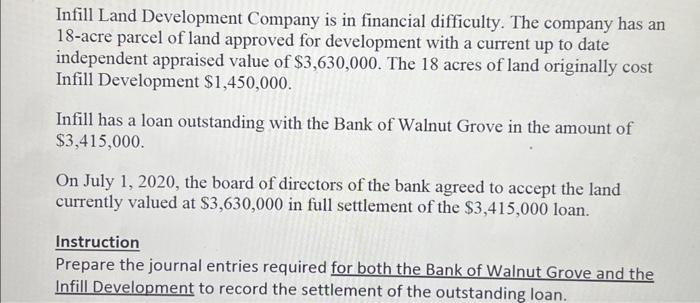 Solved Infill Land Development Company is in financial | Chegg.com