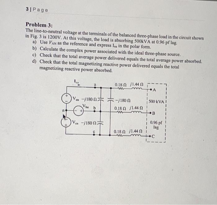 Solved 31 Page Problem 3: The line-to-neutral voltage at the | Chegg.com