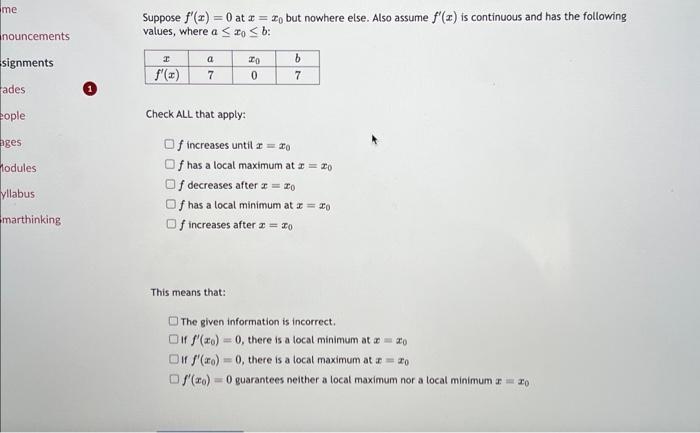 Solved Suppose f′(x)=0 at x=x0 but nowhere else. Also assume | Chegg.com