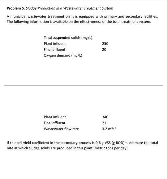 Problem 5. Sludge Production in a Wastewater | Chegg.com