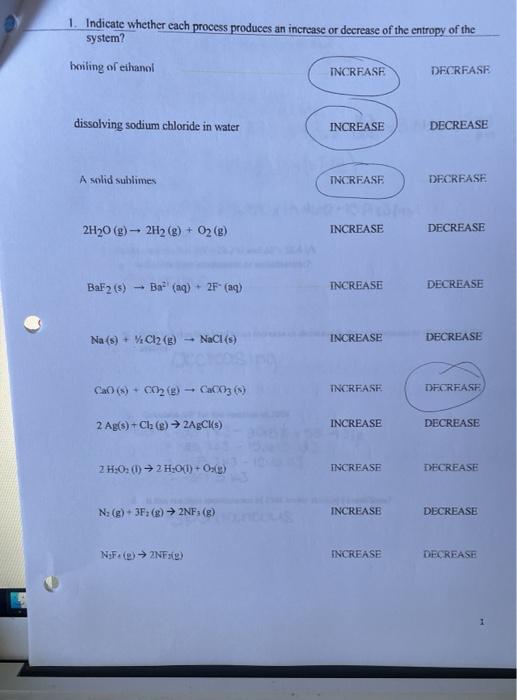 Solved 1. Indicate whether each process produces an increase | Chegg.com