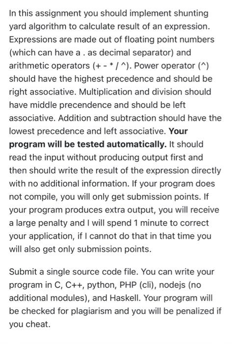 Solved In this assignment you should implement shunting yard | Chegg.com