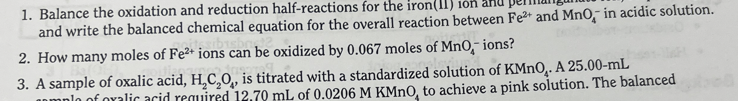 Solved how many moles of Fe2+ ﻿ions can be oxidized by 0.067 | Chegg.com