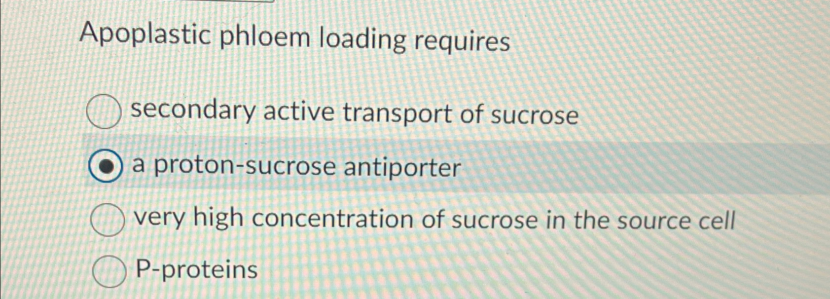 Solved Apoplastic phloem loading requiressecondary active | Chegg.com