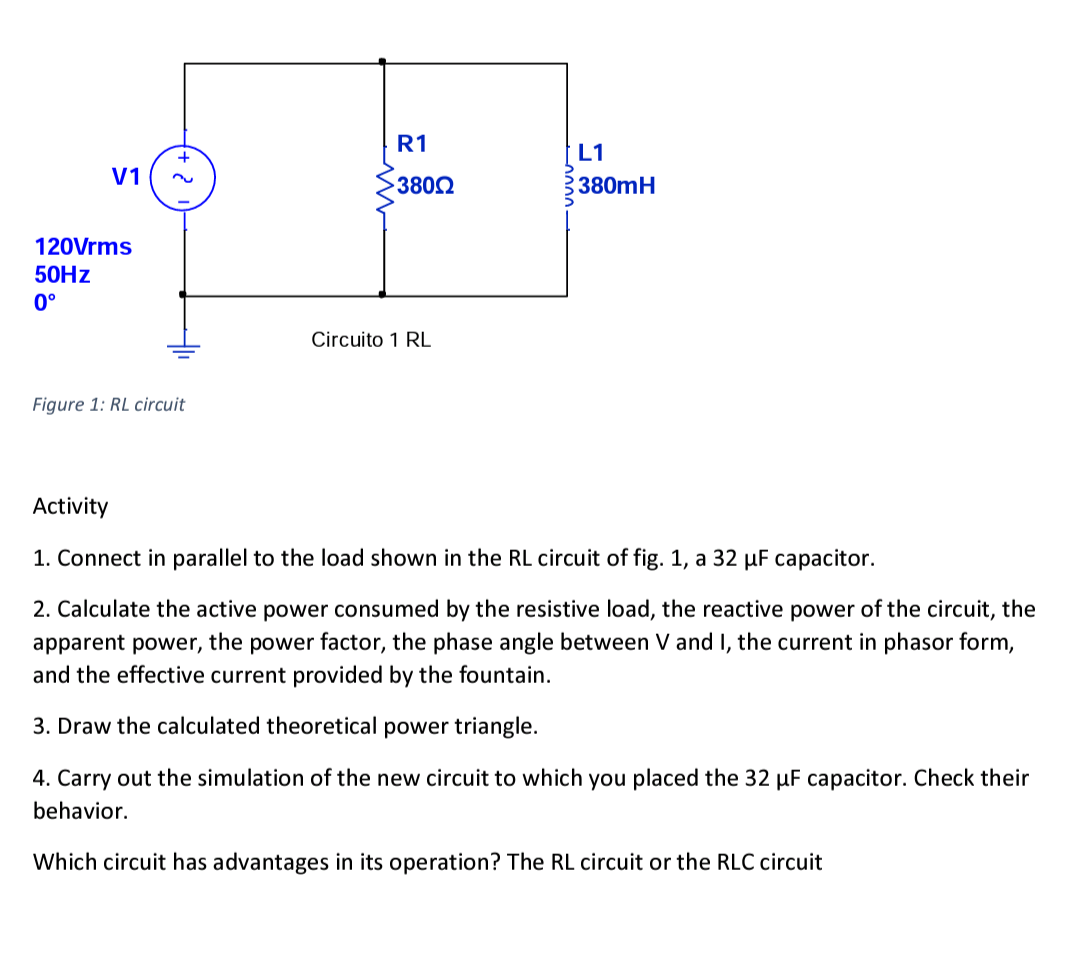 Solved R1 + V1 L1 380mH 380Ω 120Vrms 50Hz 0° Circuito 1 RL | Chegg.com