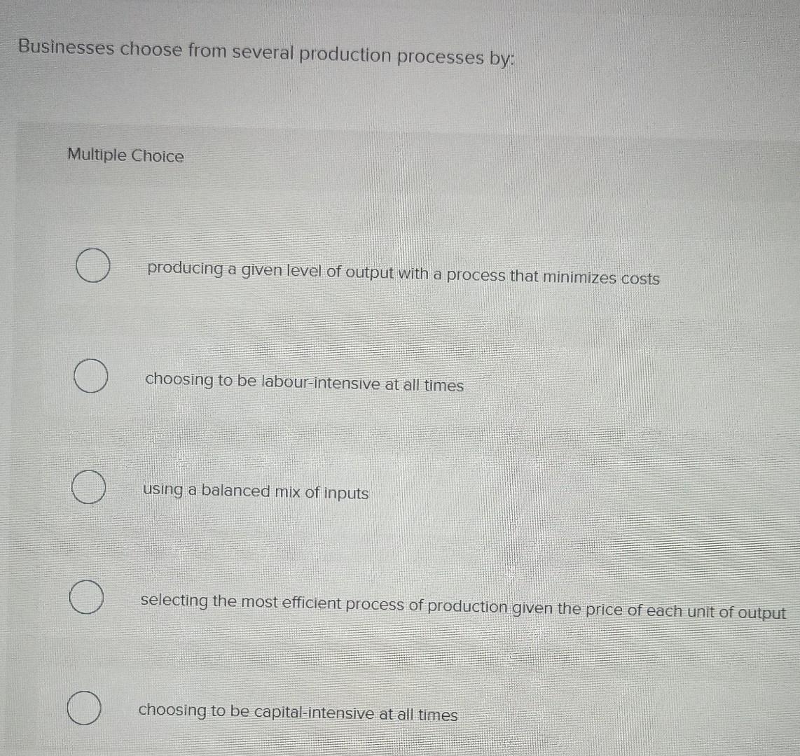 Solved Businesses choose from several production processes | Chegg.com