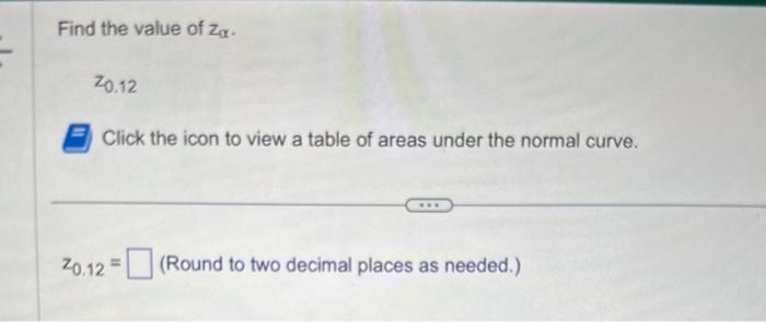 Solved Find the value of zα. z0.12 Click the icon to view a | Chegg.com
