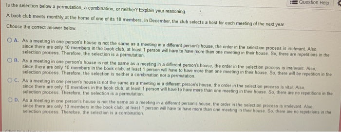 Solved Is the selection below a permutation, a combination, | Chegg.com