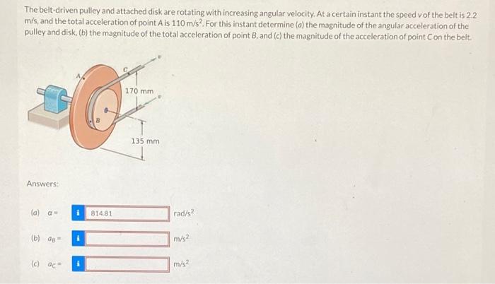 Solved The belt-driven pulley and attached disk are rotating | Chegg.com