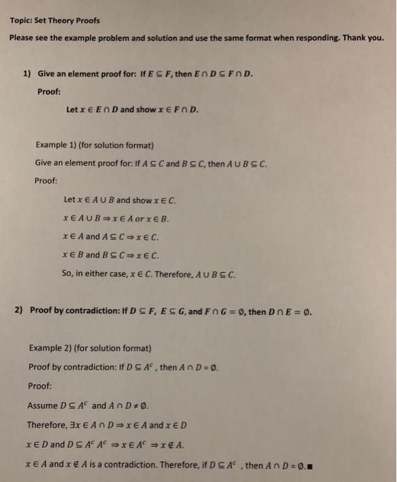 Solved Topic: Set Theory Proofs Please see the example | Chegg.com