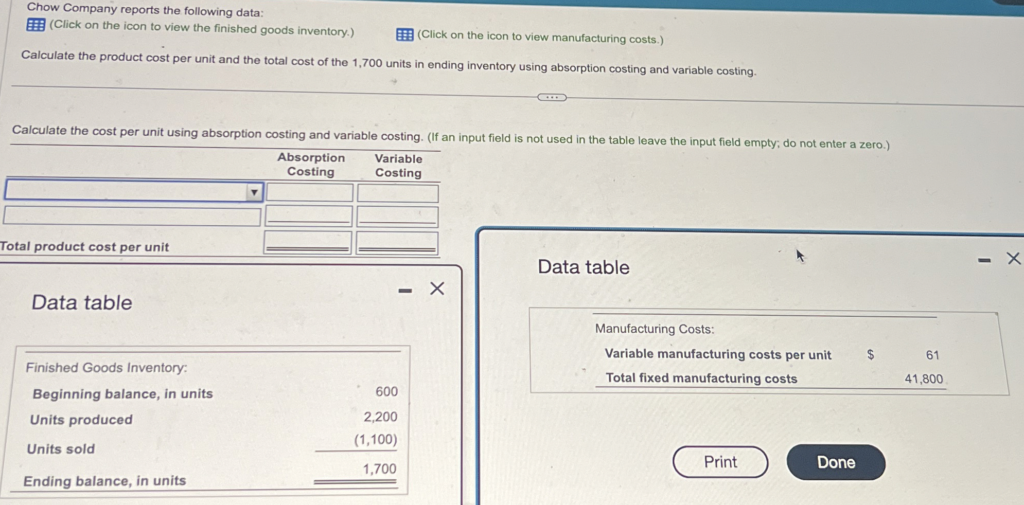 Solved Chow Company reports the following data:(Click on the | Chegg.com