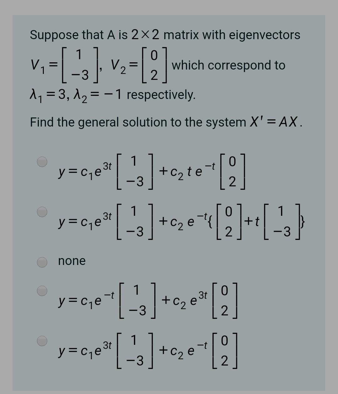 Solved Suppose that A is 2x2 matrix with eigenvectors 1 0 V1 | Chegg.com