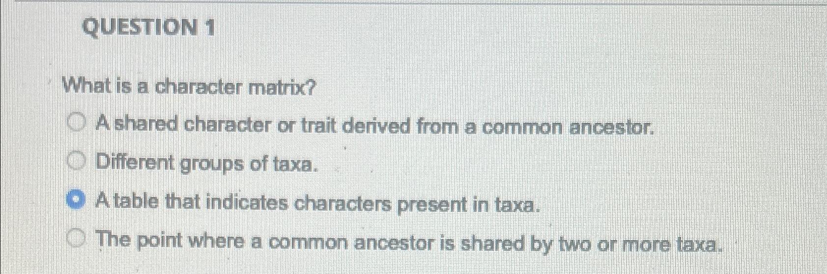 Solved QUESTION 1What is a character matrix?A shared | Chegg.com