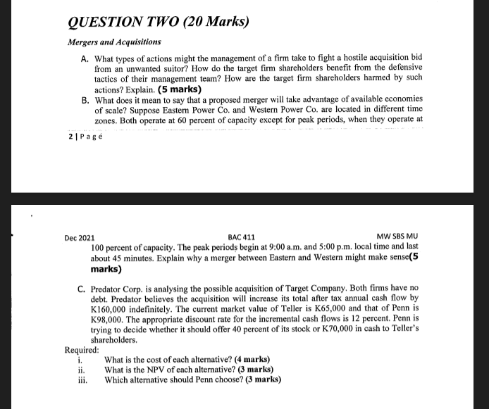 Solved QUESTION TWO (20 Marks) Mergers and Acquisitions A. | Chegg.com