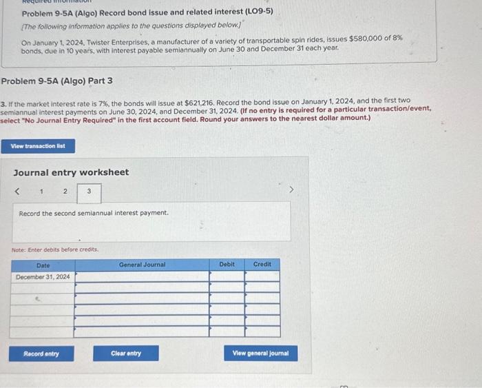 Solved Required information Problem 9.5A (Algo) Record bond | Chegg.com
