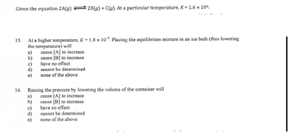 Solved Given the equation 2A(g) 2B(g) + C(g). At a | Chegg.com