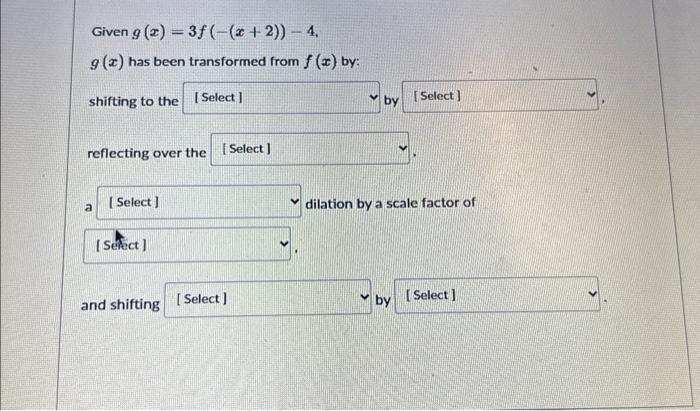 Solved Given g(x)=3f(−(x+2))−4 g(x) has been transformed | Chegg.com