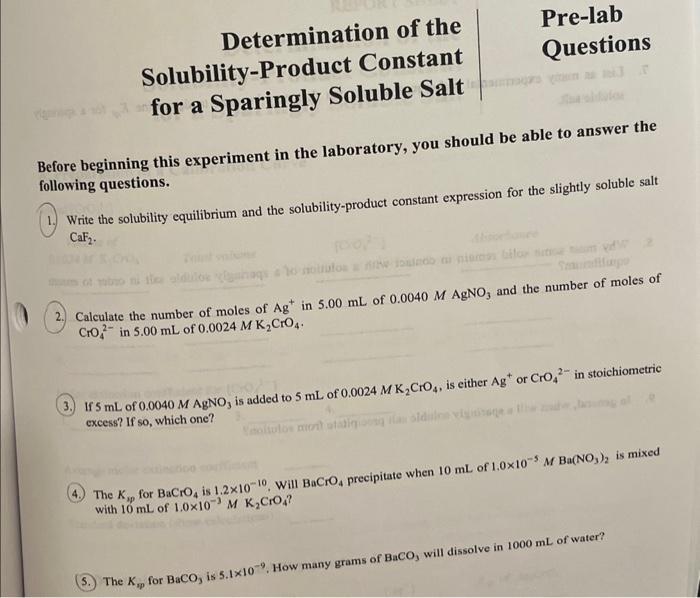Solved Determination of the Pre-lab Solubility-Product | Chegg.com