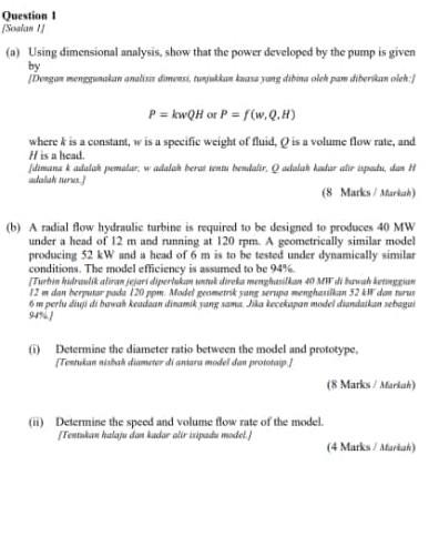 Solved Question 1 ( Soalan 11 (6) Using dimensional | Chegg.com
