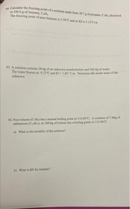 Solved 64. Calculate the freezing point of a solution made | Chegg.com