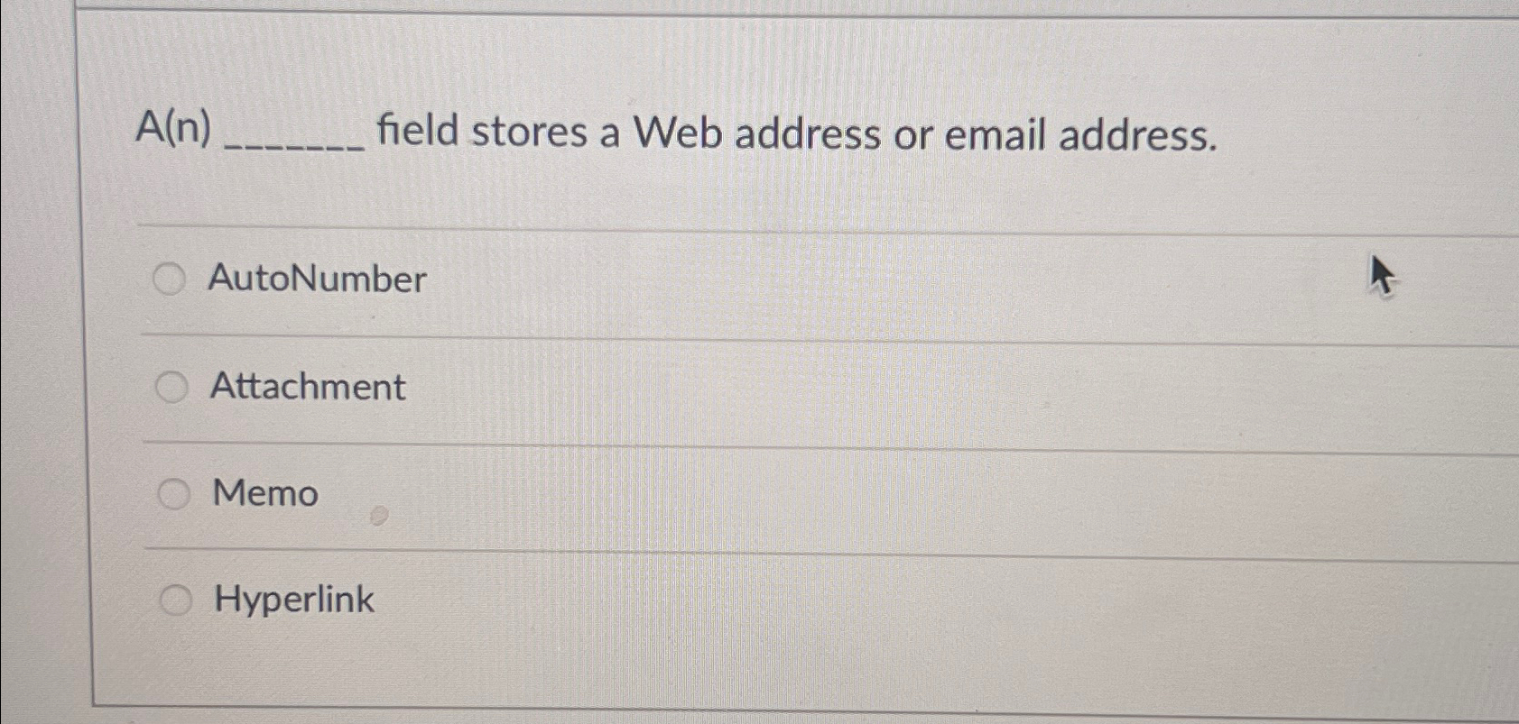 Solved A(n) ﻿field stores a Web address or email | Chegg.com