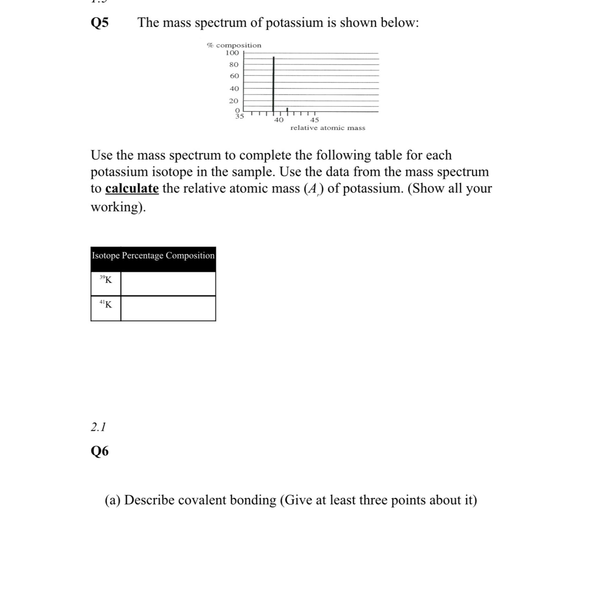 Solved Q5 ﻿The mass spectrum of potassium is shown | Chegg.com