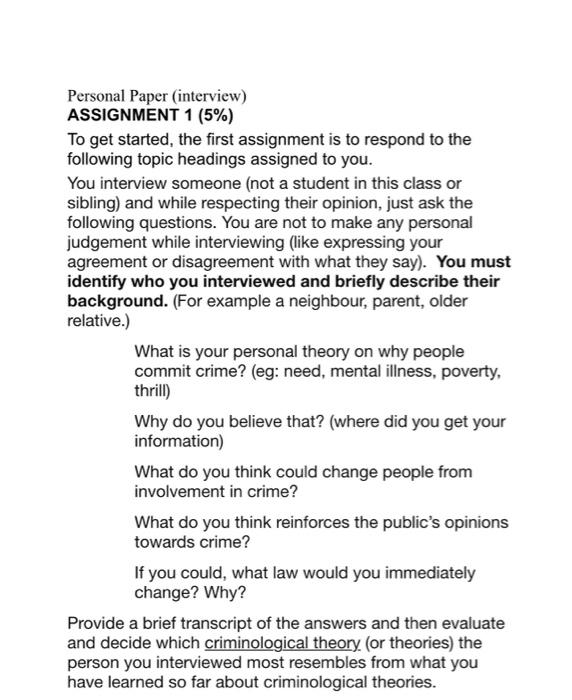 Solved Personal Paper (interview) ASSIGNMENT 1 (5%) To get | Chegg.com