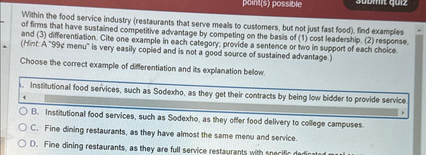 Solved Within the food service industry (restaurants that | Chegg.com