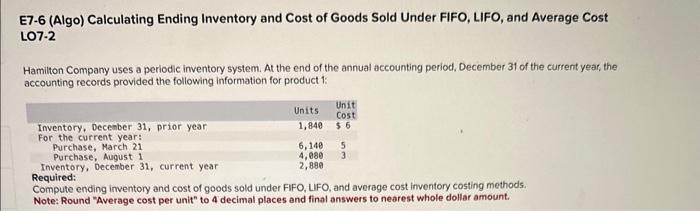 Solved E7-6 (Algo) Calculating Ending Inventory and Cost of | Chegg.com