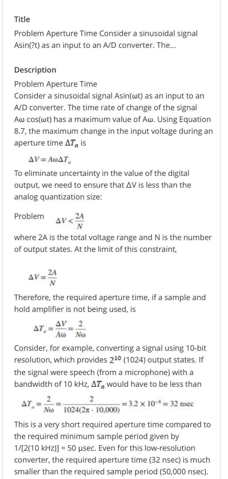 Solved TitleProblem Aperture Time Consider a sinusoidal | Chegg.com