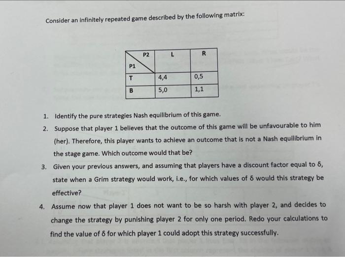 Solved Consider an infinitely repeated game described by the | Chegg.com