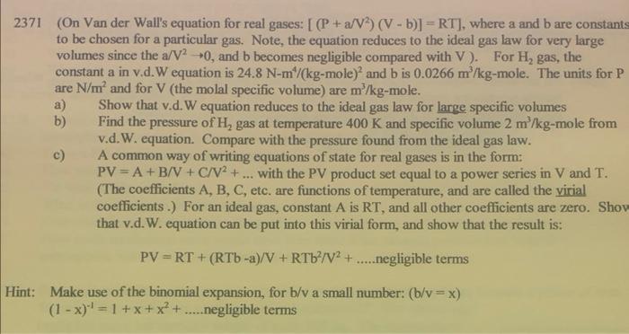 Solved 2371 (On Van der Wall's equation for real gases: | Chegg.com