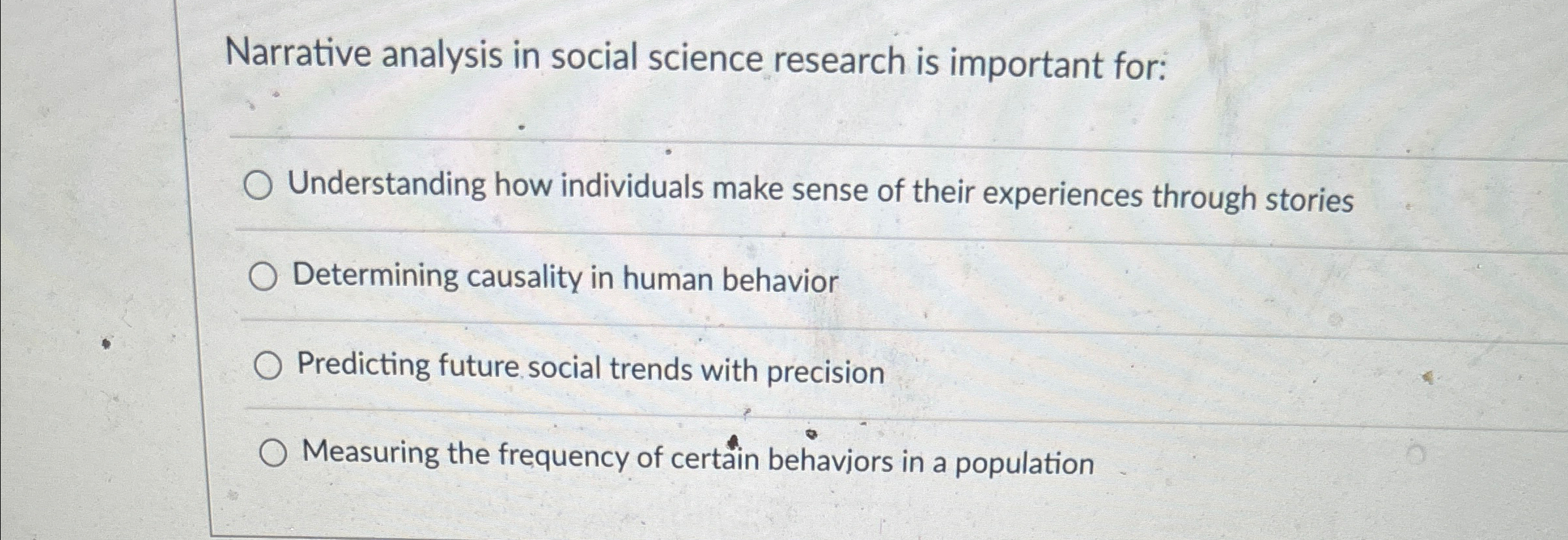 Solved Narrative analysis in social science research is | Chegg.com