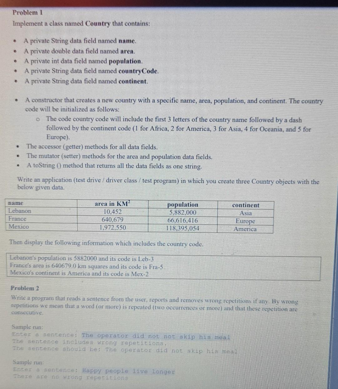 Solved - A constructor that creates a new country with a | Chegg.com