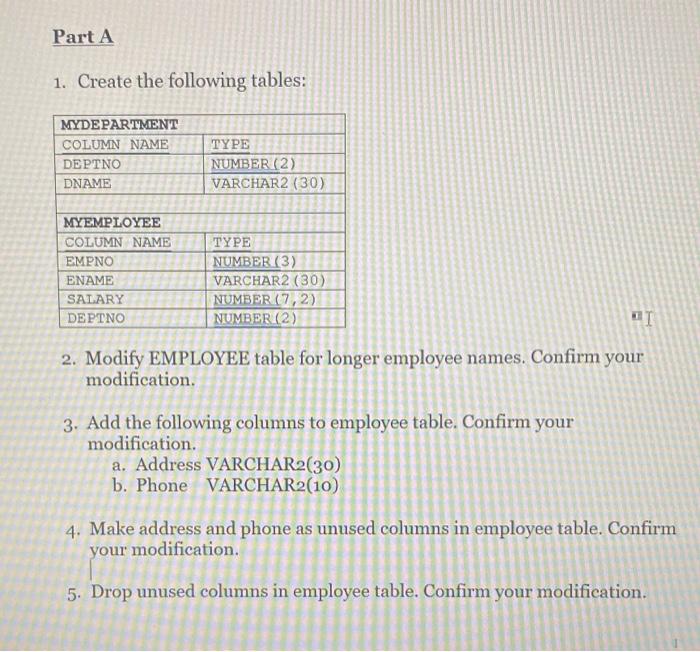 Solved Part A 1. Create the following tables: MYDEPARTMENT | Chegg.com