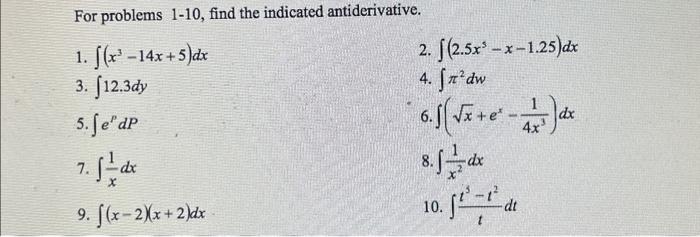 Solved For problems 1-10, find the indicated antiderivative. | Chegg.com