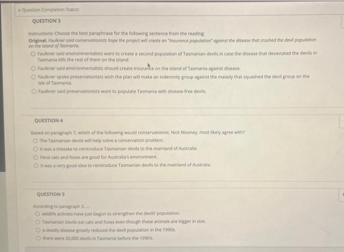 Tasmanian Devils Retum to Australian Mainland after | Chegg.com