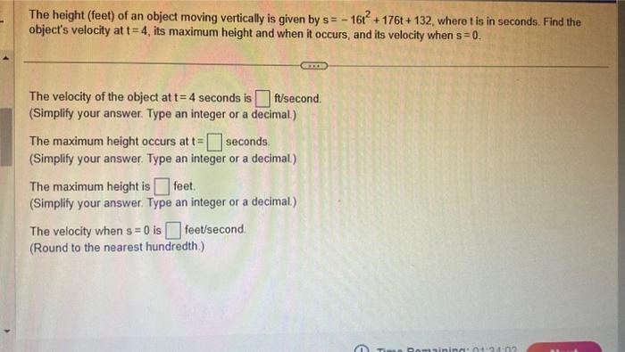 Solved The height (feet) of an object moving vertically is | Chegg.com