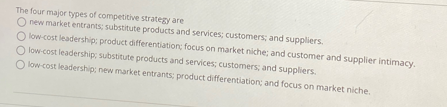 Solved The four major types of competitive strategy arenew | Chegg.com