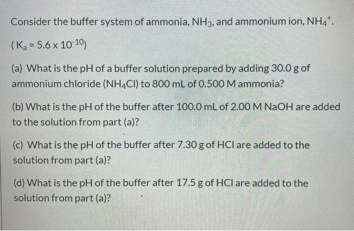 Solved Consider the buffer system of ammonia, NH3, and | Chegg.com