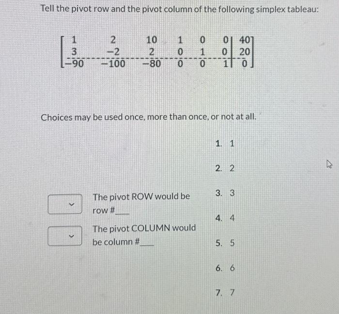 Solved Tell the pivot row and the pivot column of the | Chegg.com