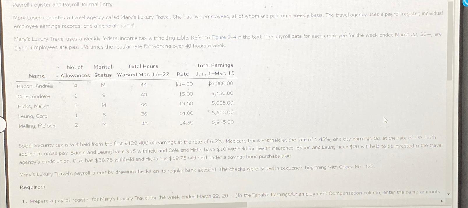 Solved Payroll Register and Payroll Journal Entry employee | Chegg.com