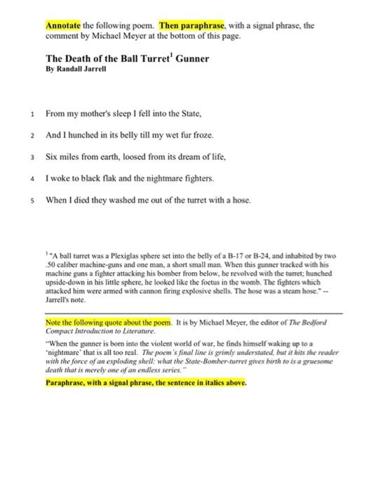 Annotate the following poem. Then paraphrase, with a | Chegg.com