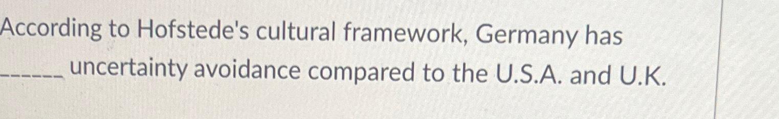 Solved According to Hofstede's cultural framework, Germany | Chegg.com